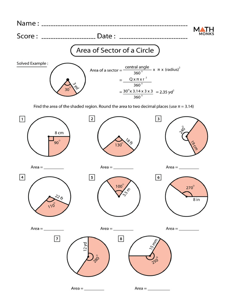 Area of Sector of A Circle Worksheet | PDF