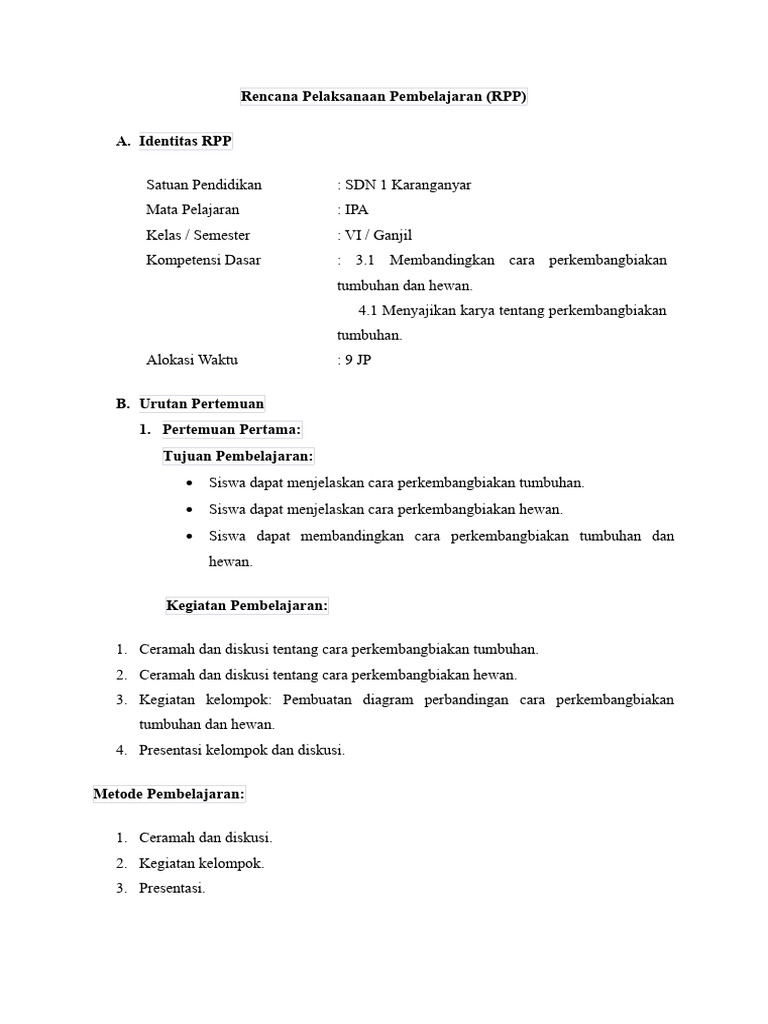 RPP Perkembangbiakan Hewan Dan Tumbuhan | PDF | Seni & Disiplin Bahasa | Sains & Matematika
