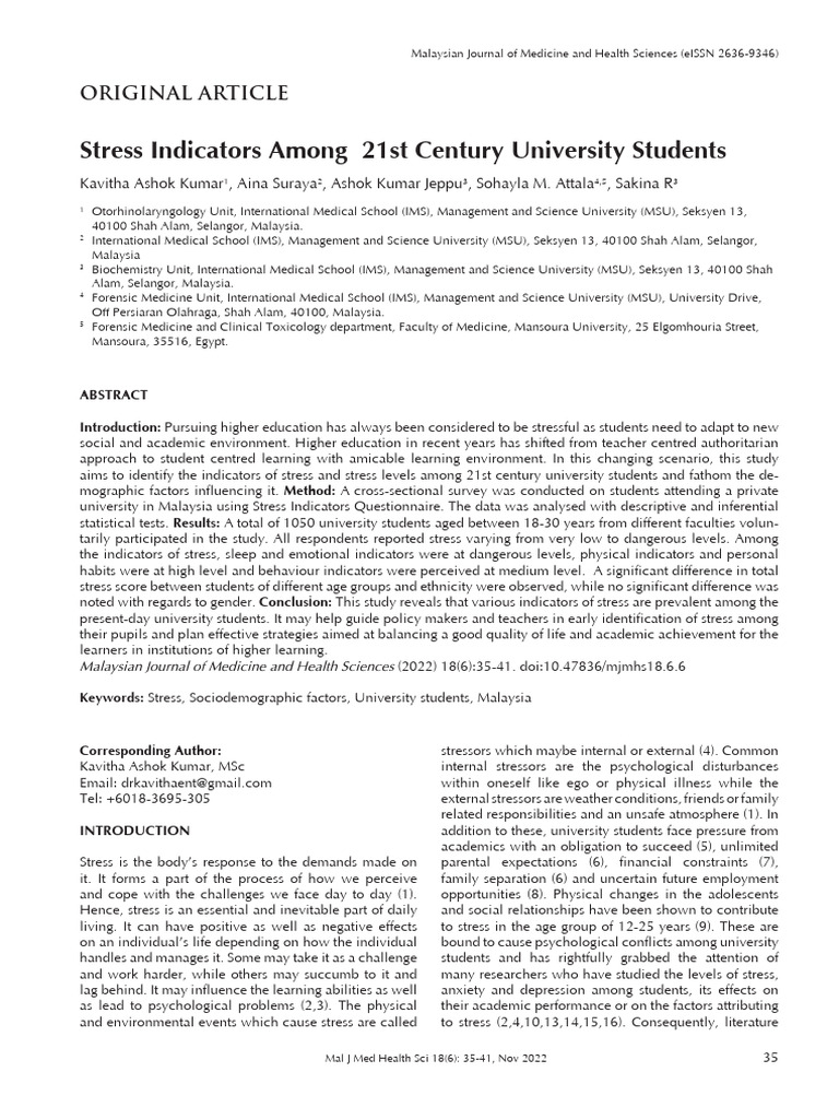 Stress Indicators in University Students | PDF | Stress (Biology ...