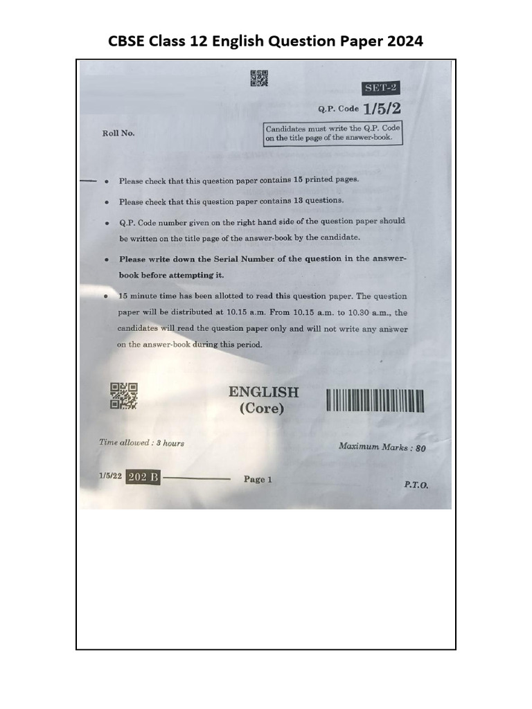 CBSE 12th English Exam 2024 | PDF