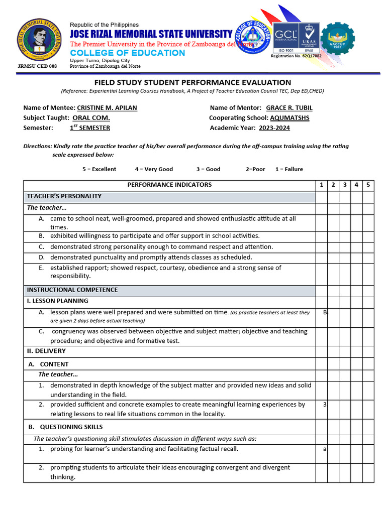 Evaluation Form | PDF | Teachers | Teaching Method