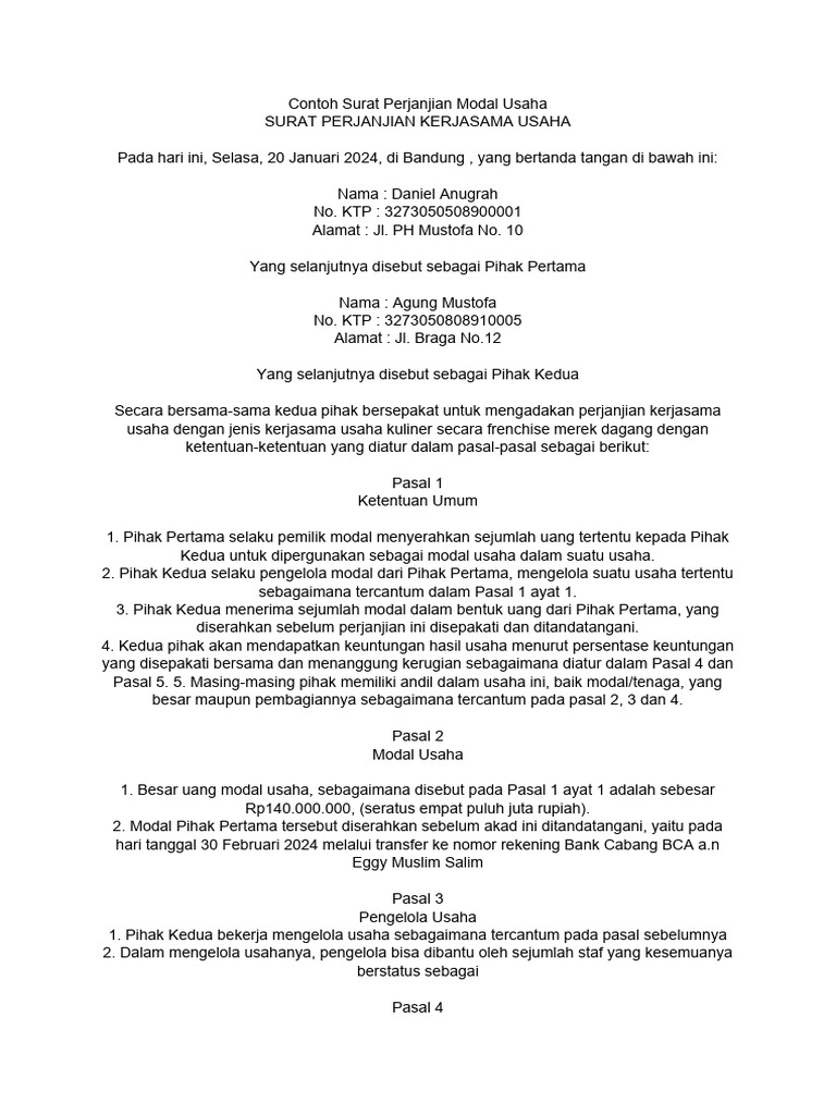 Contoh Surat Perjanjian Modal Usaha | PDF