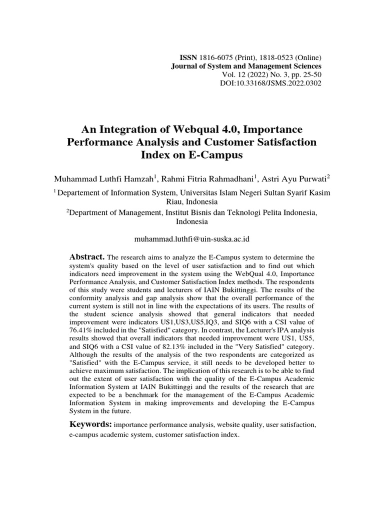 An Integration of Webqual 4.0, Importance Performance Analysis and Customer Satisfaction Index ...