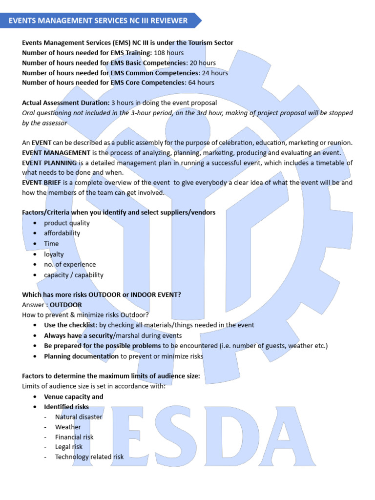 Events Management NC III Reviewer | PDF | Risk