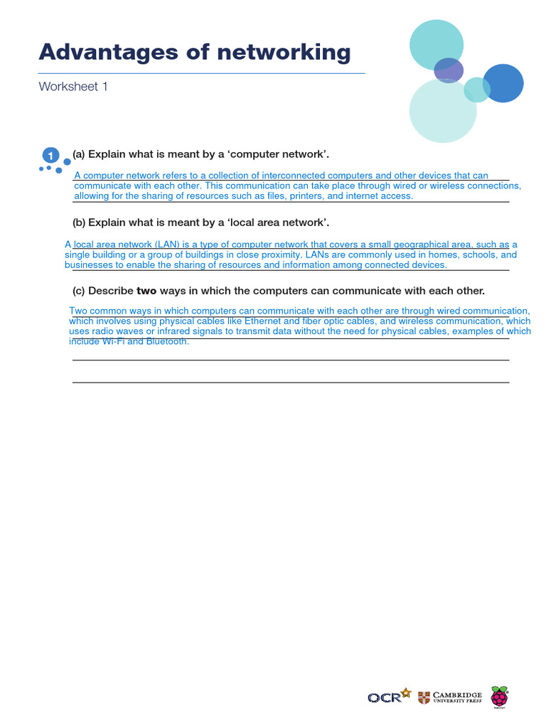 Advantages of Networking - Worksheet 1 | PDF | Computer Network | Local ...