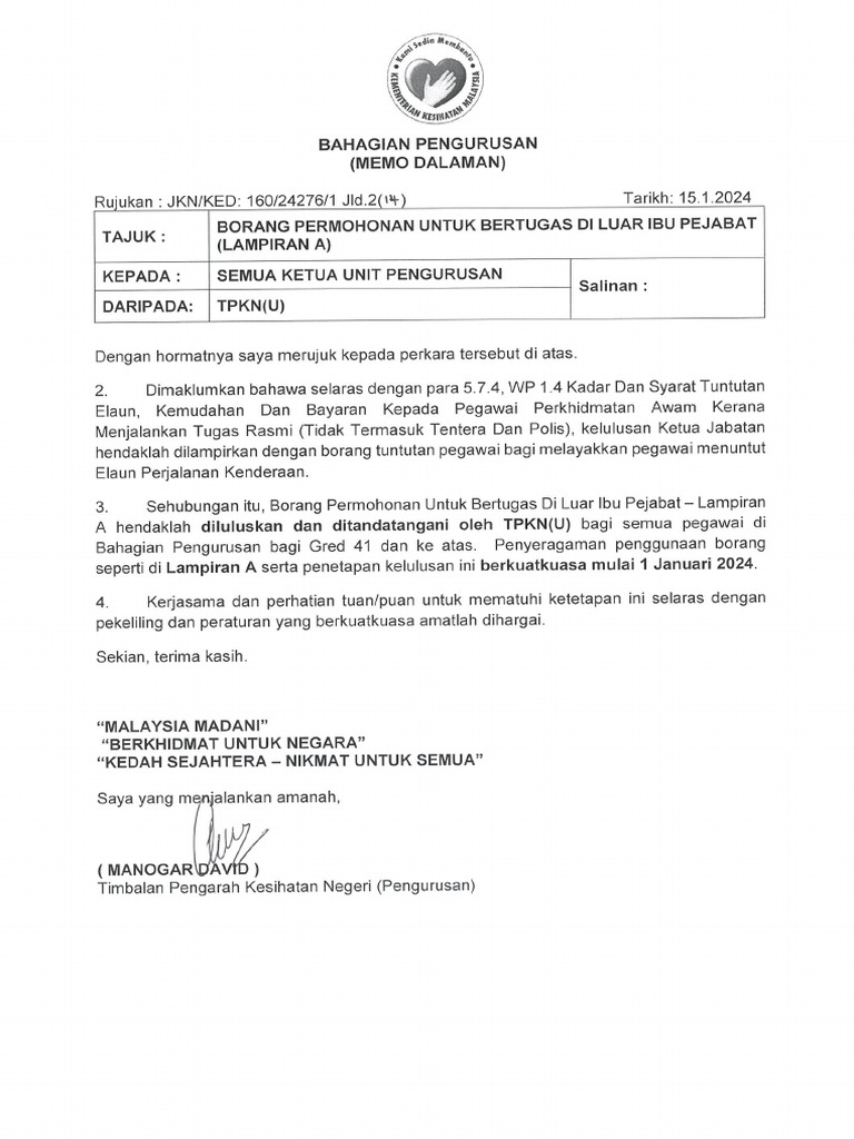 Memo Kelulusan Bertugas Rasmi Luar Ibu Pejabat 012024 | PDF