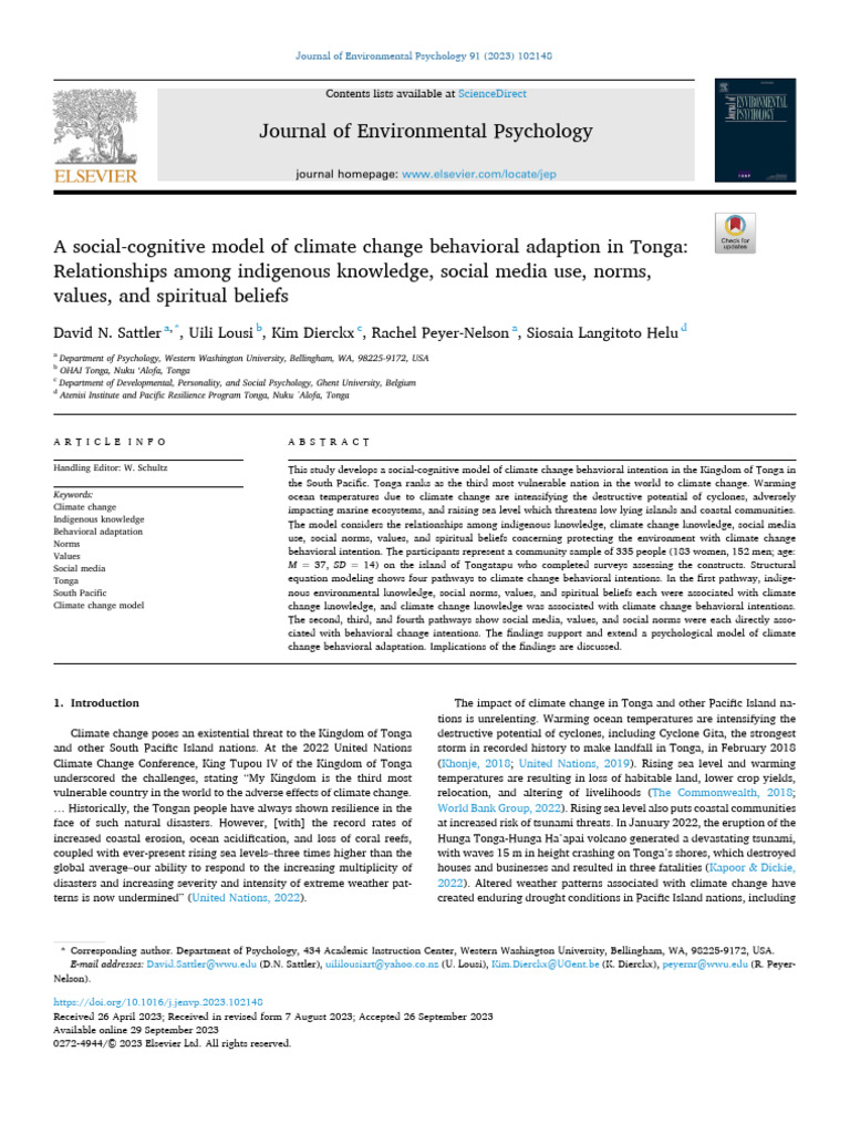 A Social-Cognitive Model of Climate Change Behavioral Adaption in Tonga ...