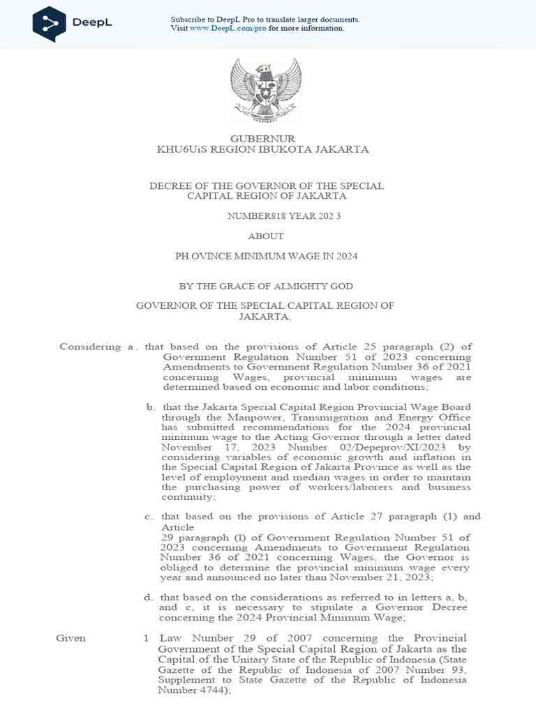 SK Gubernur Upah Minimum DKI Jakarta 2024 - English Version | PDF ...