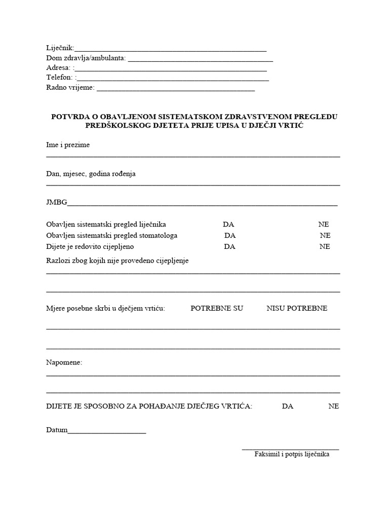 Potvrda Liječnika - Sistematski Pregled | PDF