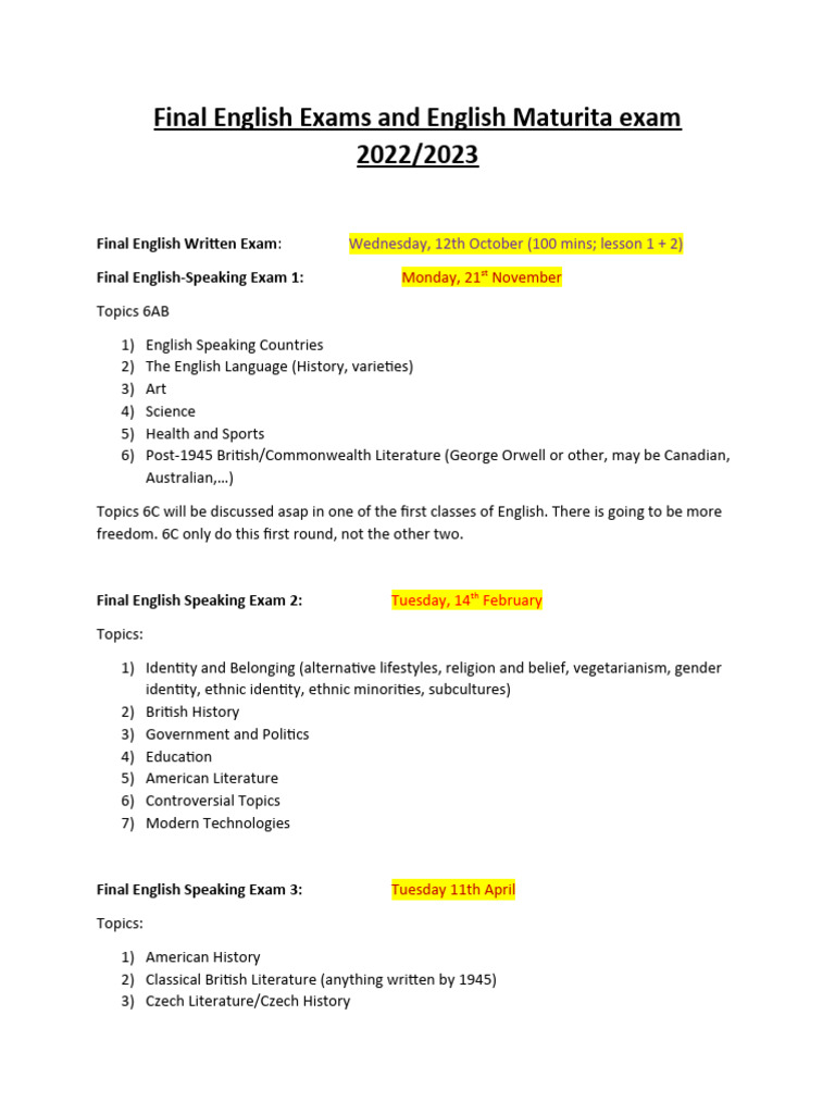 2023 Final English Exam Schedule and Topics | PDF | English Language ...