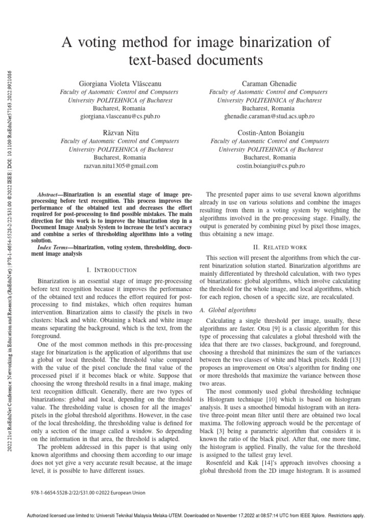A Voting Method For Image Binarization of Text-Based Documents | PDF | Multidimensional Signal ...