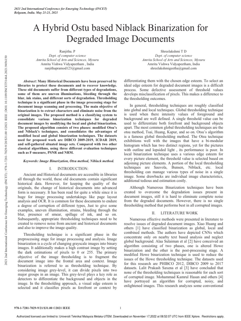 A Hybrid Ostu Based Niblack Binarization For Degraded Image Documents Pdf Signal Processing