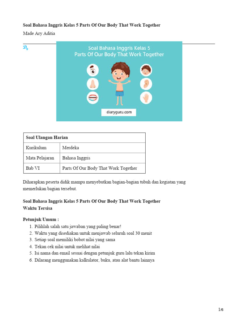 Soal Bahasa Inggris Kelas 5 Parts of Our Body That Work Together | PDF