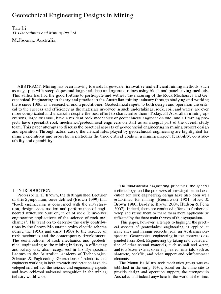 Geotechnical Engineering Designs in Mining - Tao Li | PDF | Art | Technology & Engineering
