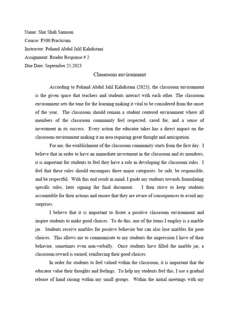 Classroom Environment Reflection | PDF | Classroom | Teachers