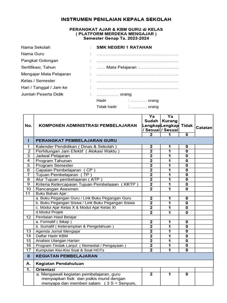 Inst Supervisi KBM Kepala Sekolah Di Kelas 2024 | PDF | Karier & Perkembangan