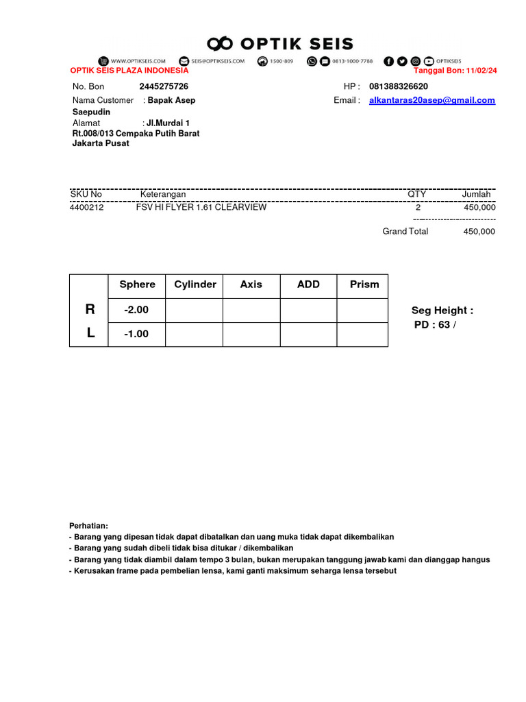 Invoice Kacamata Bapak Asep Saepudin OPTIC SEIS 2445275726 | PDF