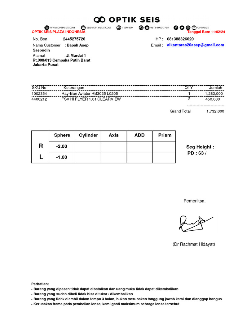 Kwitansi Pembelian Kacamata Optik | PDF