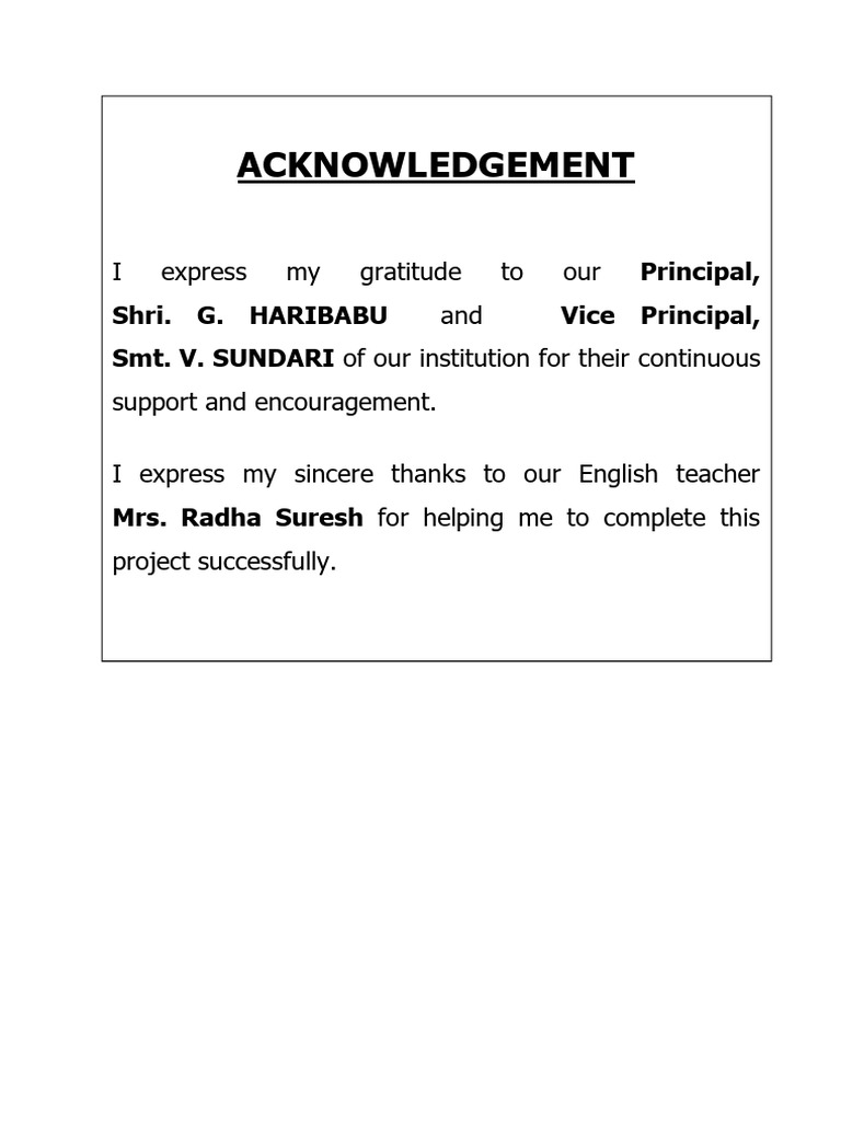 Acknowledgement and Certificate for Class XII English Project | PDF