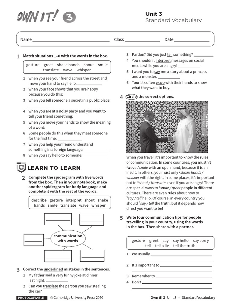 Vocabulary Standard Unit3 Without Answers | PDF | Communication | Body Language