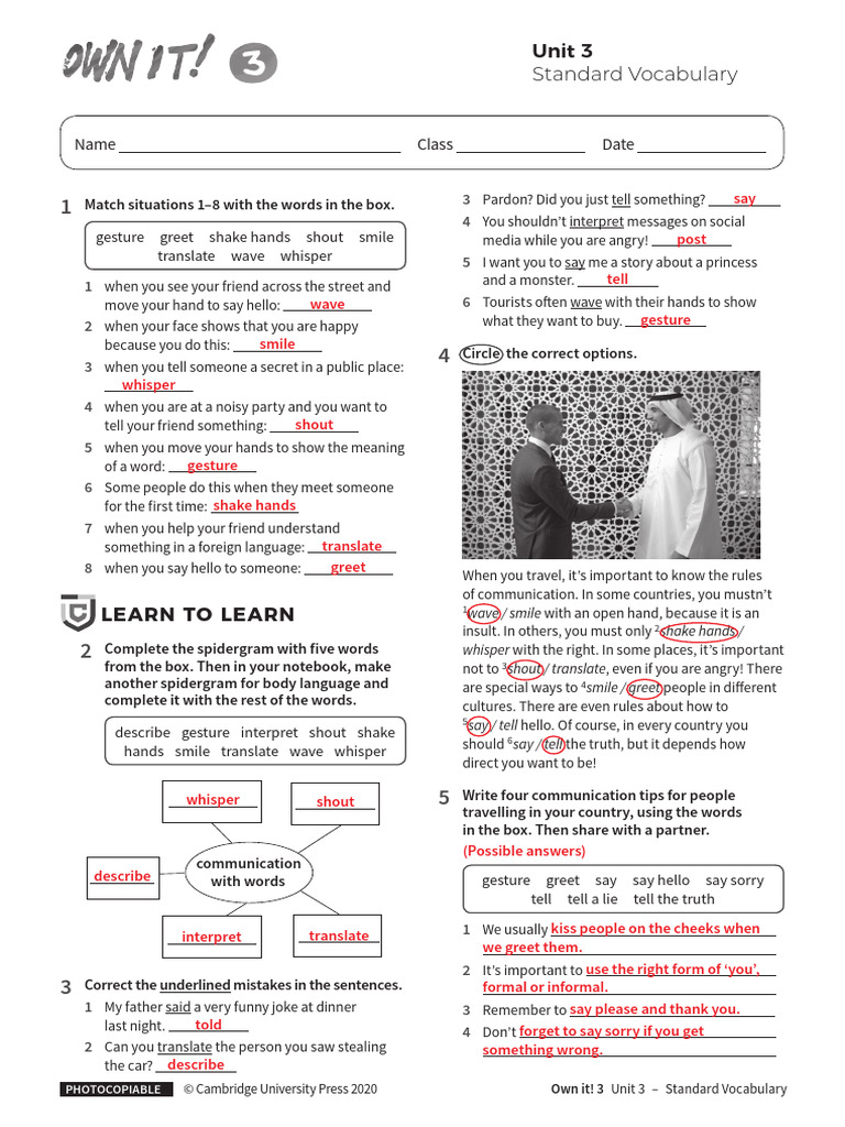 Vocabulary Standard Unit3 With Answers | PDF | Communication | Human Communication
