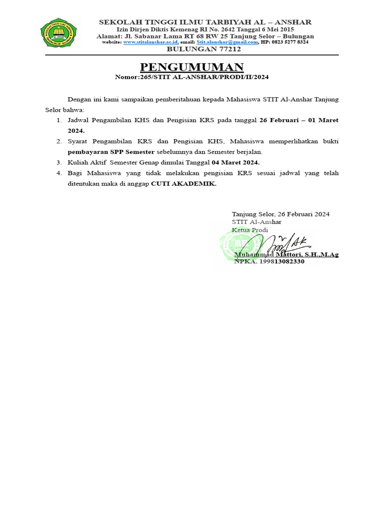 Pengisian KRS 2024 Revisi | PDF