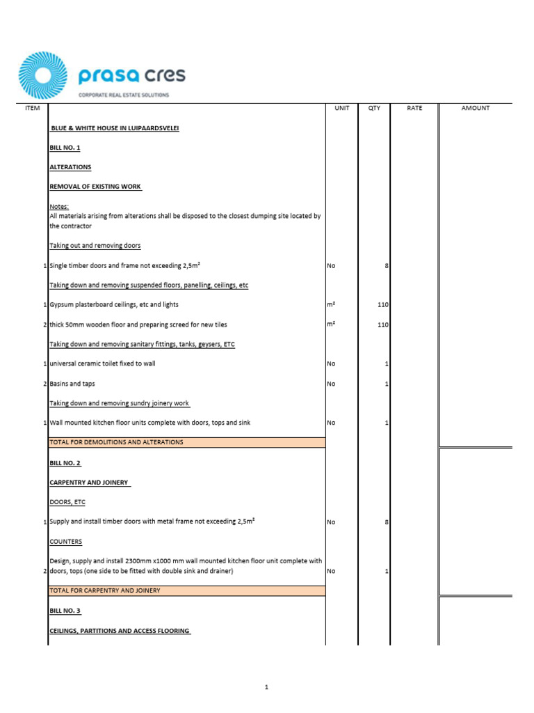 Bills of Quantities - Minor Refurbishment of Houses (Rev 3) | PDF ...