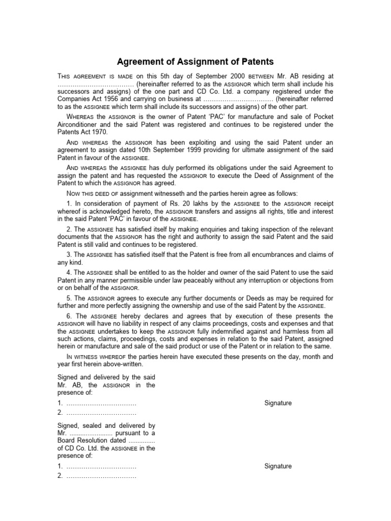 2 - Agreement of Assignment of Patents | PDF | Assignment (Law) | Patent