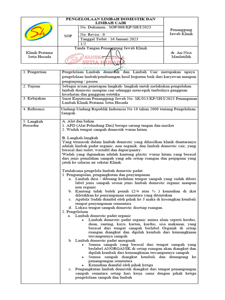 Sop Pengelolaan Sampah Domestik | PDF