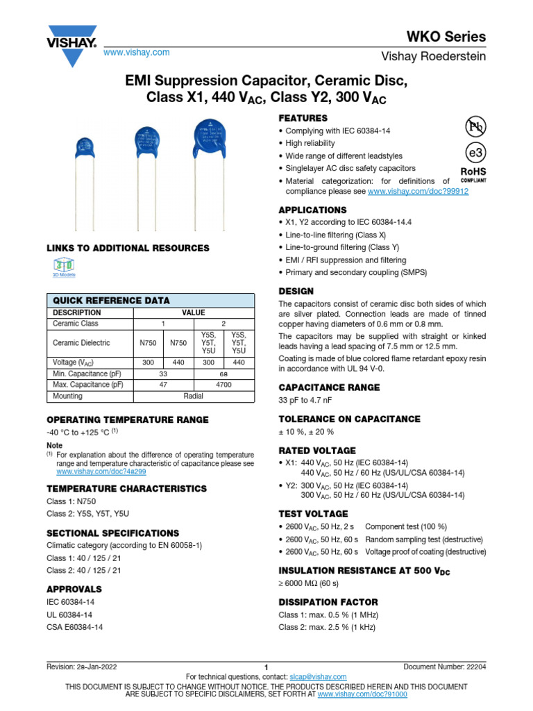 WKO Series EMI Suppression Capacitor, Ceramic Disc, Class X1, 440 V ...