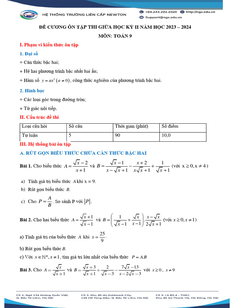 ĐỀ CƯƠNG GIỮA HKII - TOÁN 9 (2023-2024) | PDF