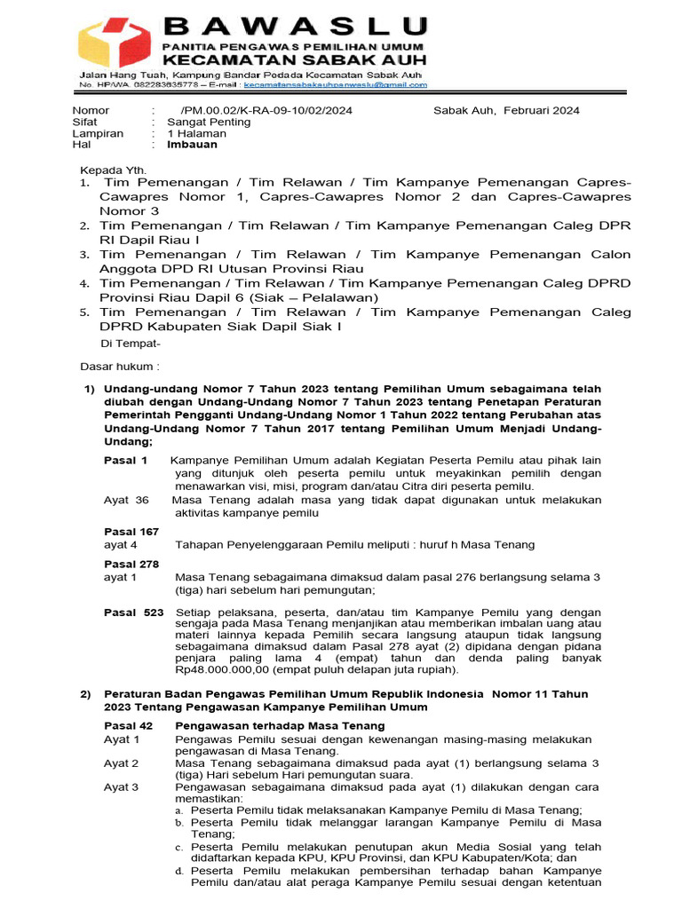 Imbauan Masa Tenang Pemilu 2024 | PDF