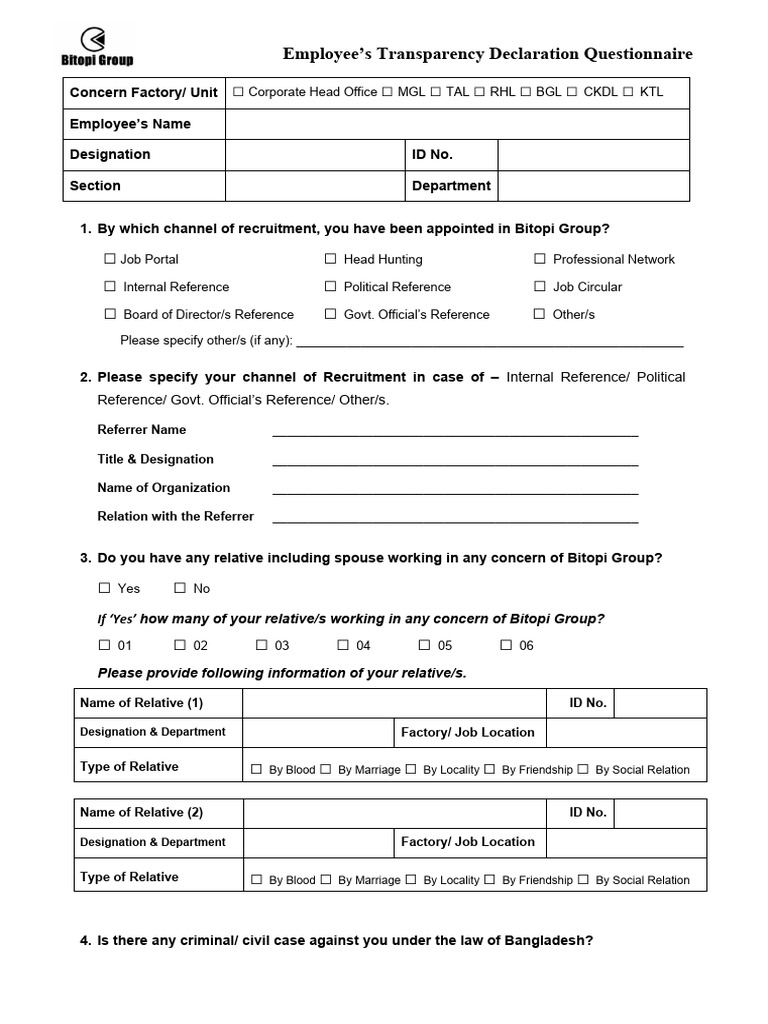 Employee Transparency Declaration Form | PDF | Justice | Crime & Violence