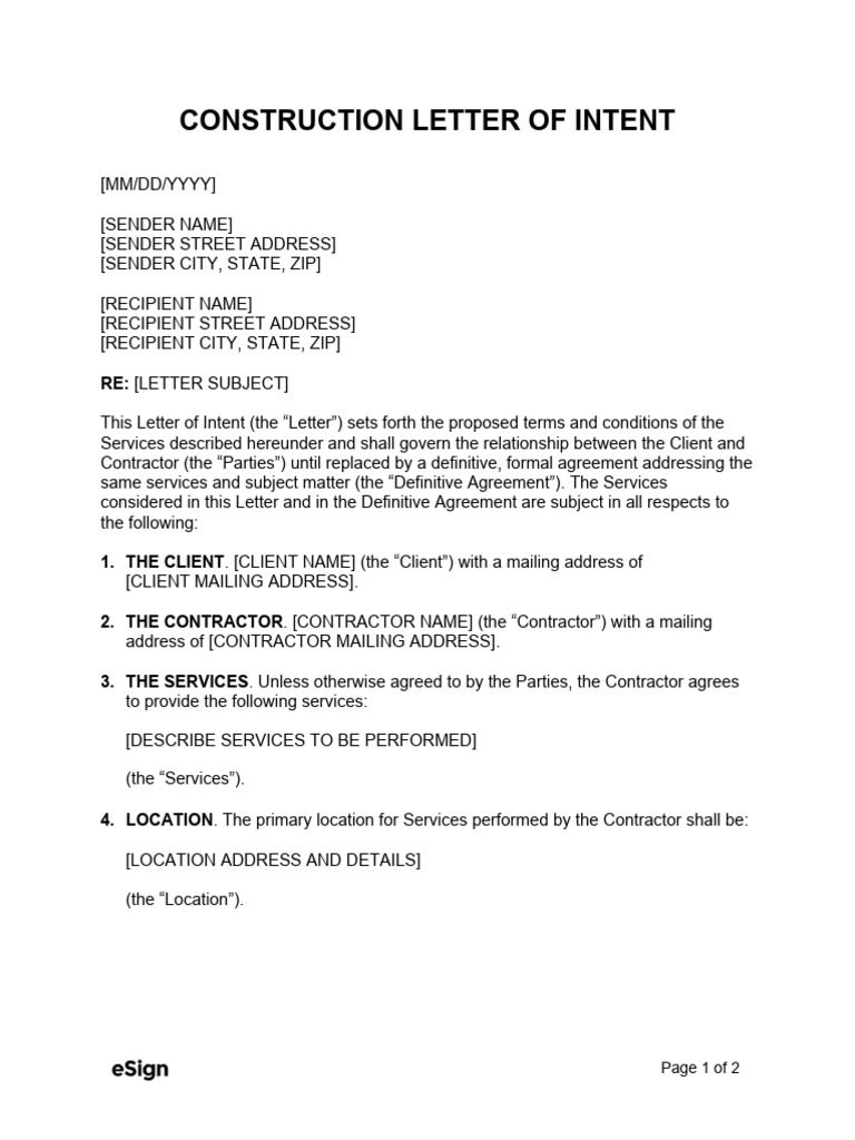 Construction Letter of Intent Template | PDF | Business | Civil Law ...