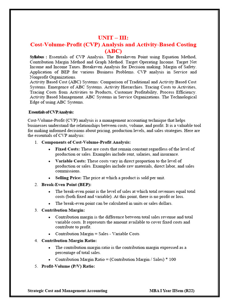 SCMA Unit - III Cost-Volume-Profit (CVP) Analysis and Activity-Based ...