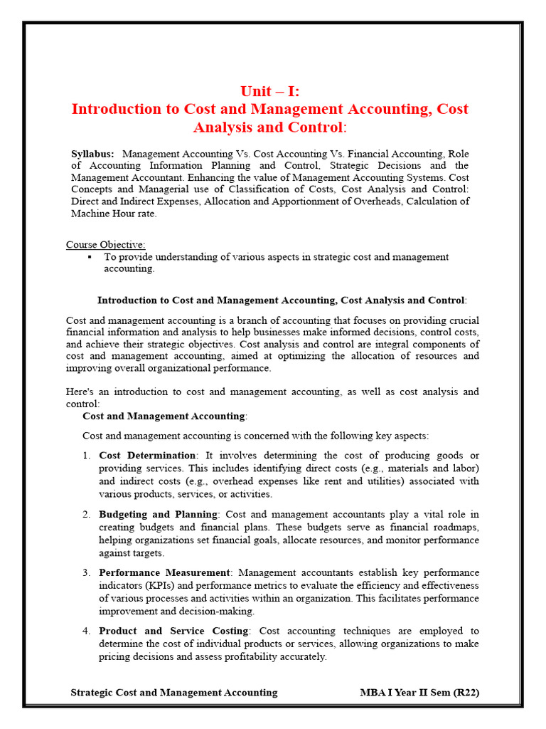 SCMA Unit - I Introduction To Cost and Management Accounting, Cost ...