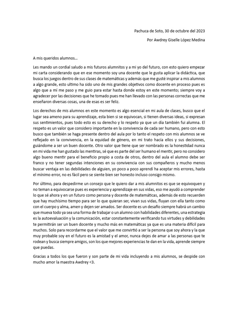 Carta A Mis Futuros Alumnos y Fotos | PDF | Salón de clases | Amor