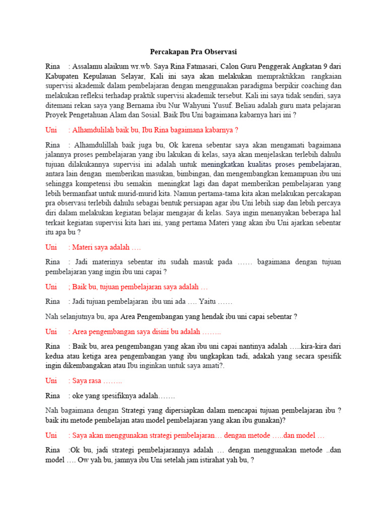 Percakapan Pra Observasi-Pasca Observasi Supervisi Akademik | PDF
