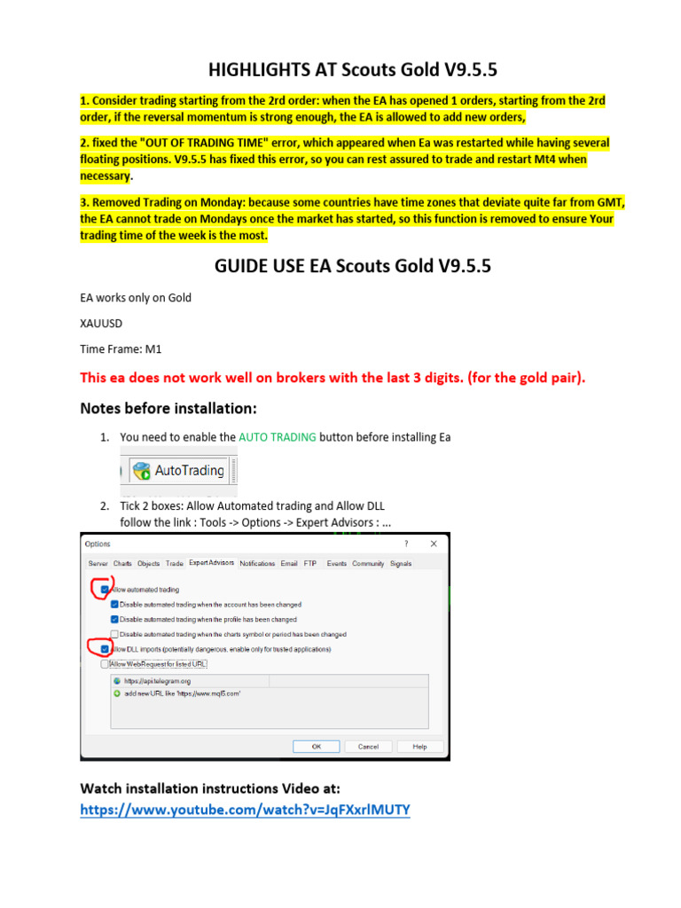 Scouts Gold EA V9.5.5 Update Guide | PDF | Foreign Exchange Market | Market (Economics)