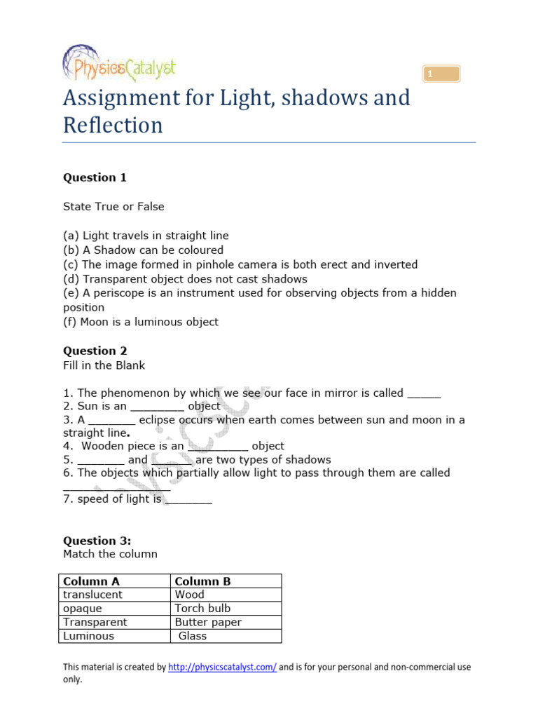 Assignment Class6 Science-Light Shadows-And-Reflection 1 | Download ...