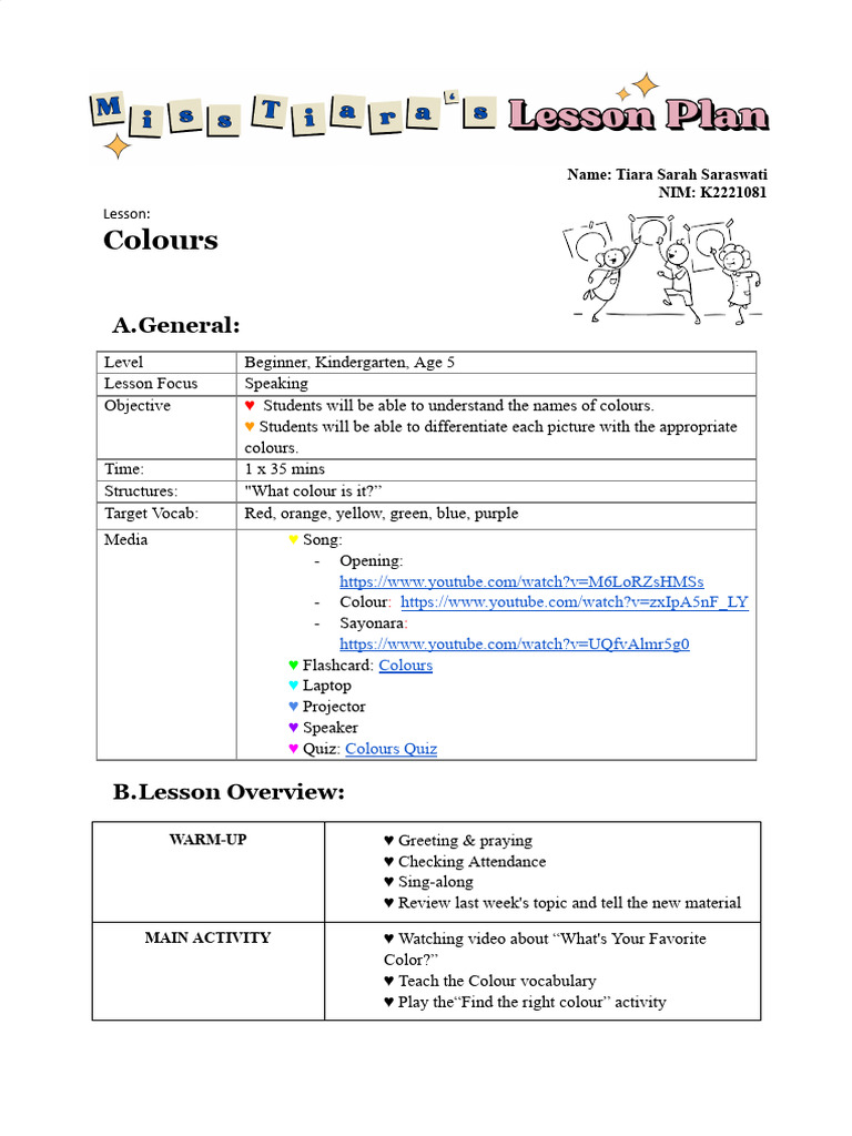 Tiara Sarah S - Lesson Plan - Colours | PDF | Human Communication ...