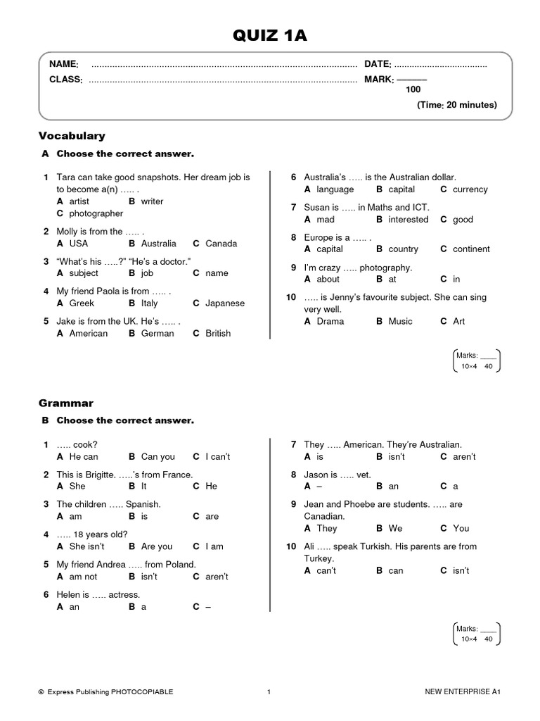 English Vocabulary and Grammar Quiz | PDF