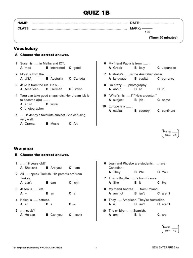 Enterprise Vocabulary and Grammar Quiz | PDF