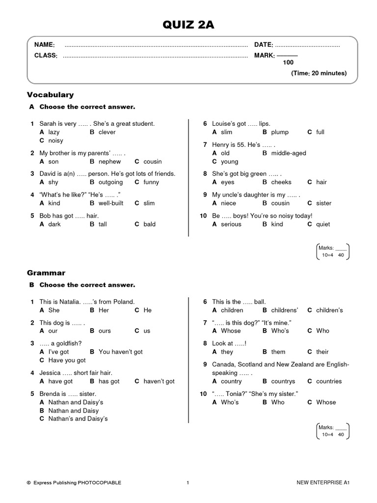2 04 Enterprise A1 Quiz 02a - Character, Appearance, Have Got | PDF