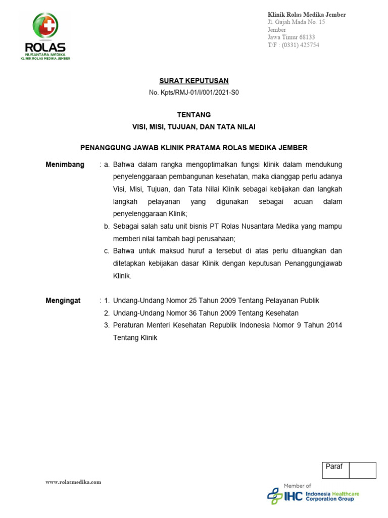 SK Visi, Misi, Tujuan Dan Tata Nilai 2021 | PDF