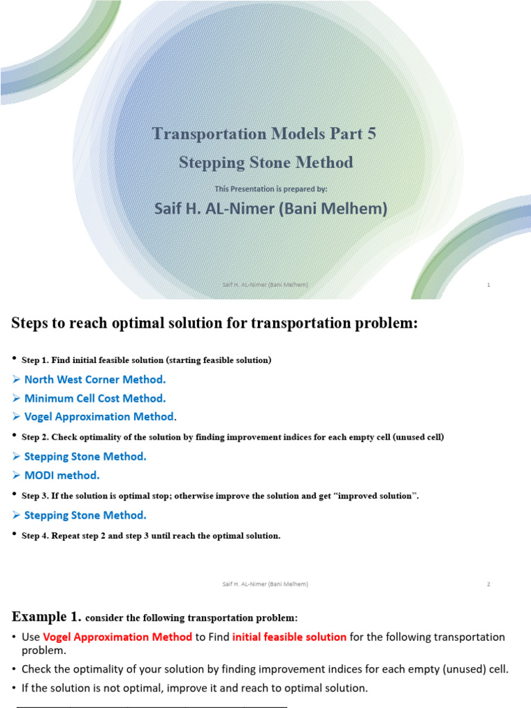 Stepping Stone Method for Transportation Problems | PDF | Theoretical ...