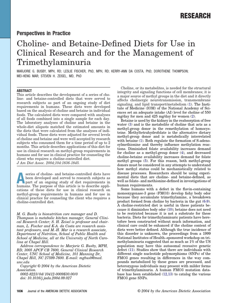 Choline and Betaine Defined Diets For Use in Clinical Research and For ...
