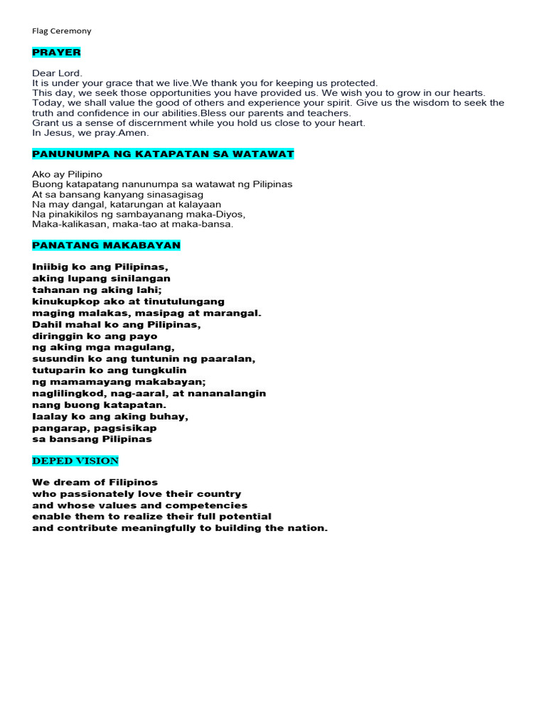 Flag Ceremony Prayer and Oath | PDF