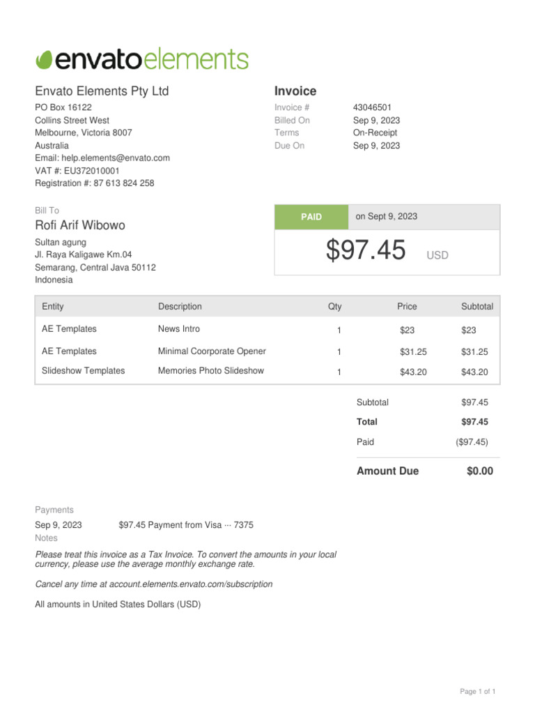 Envato Elements Pty LTD: Invoice | PDF
