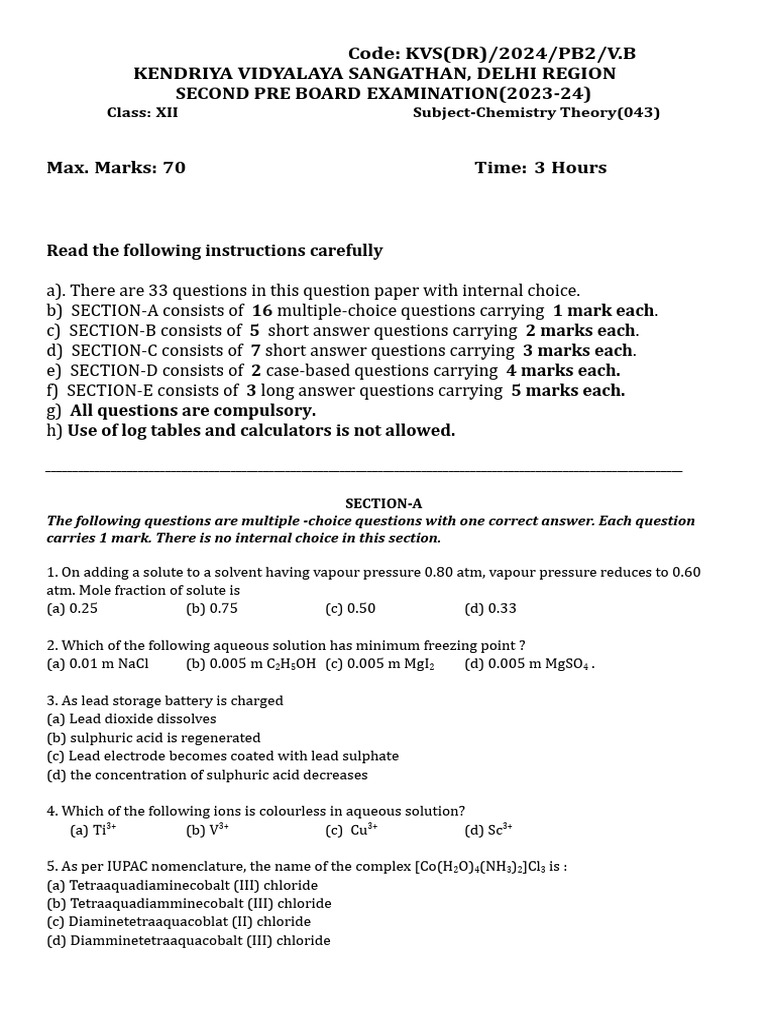 QP - Chemistry - Xii - PB2 - Set 4 | PDF | Applied And Interdisciplinary Physics | Chemical ...